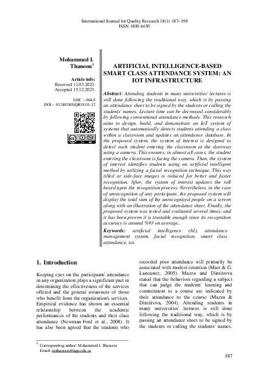 (PDF) Artificial Intelligence-Based Smart Class Attendance System: An Iot Infrastructure