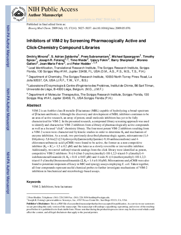 (PDF) Inhibitors of VIM-2 by screening pharmacologically active and ...