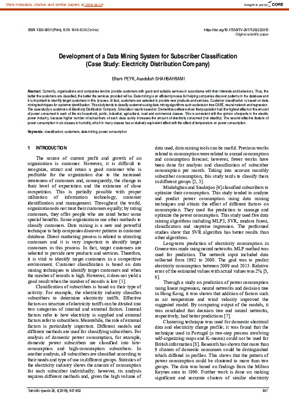 (PDF) Development of a Data Mining System for Subscriber Classification (Case Study: Electricity ...