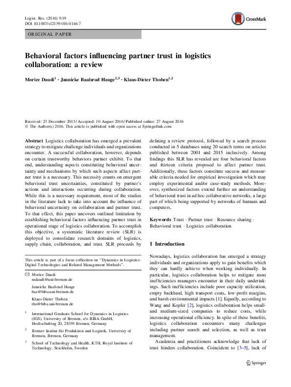 (PDF) Behavioral factors influencing partner trust in logistics ...