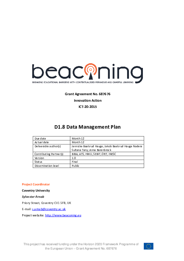 (PDF) Beaconing D1.8 Data Management Plan | jannicke baalsrud hauge - Academia.edu