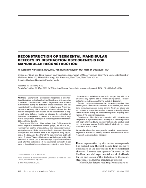 (PDF) Reconstruction of segmental mandibular defects by distraction ...