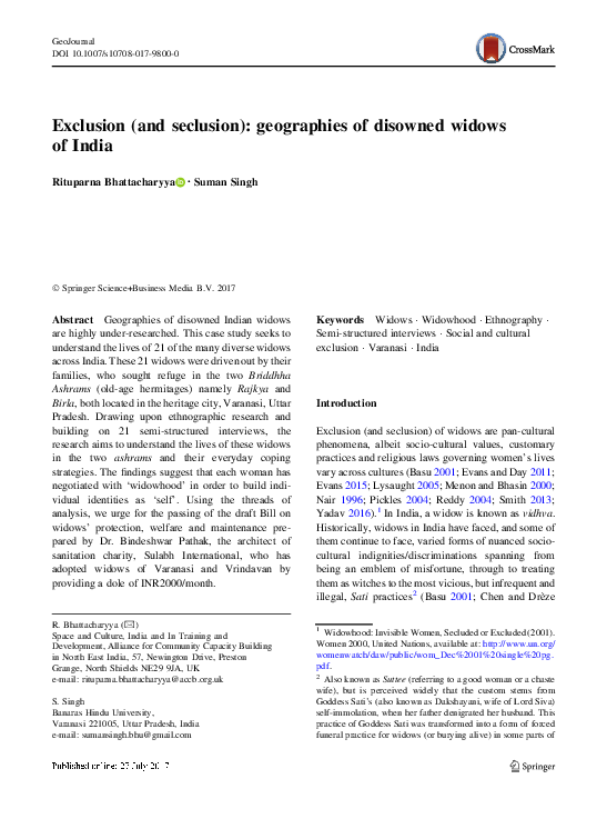(PDF) Exclusion (and seclusion): geographies of disowned widows of India