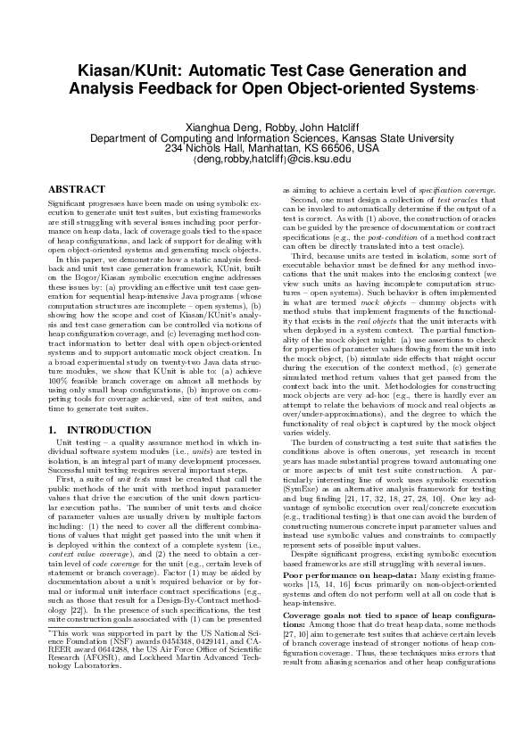Pdf Kiasan Kunit Automatic Test Case Generation And Analysis