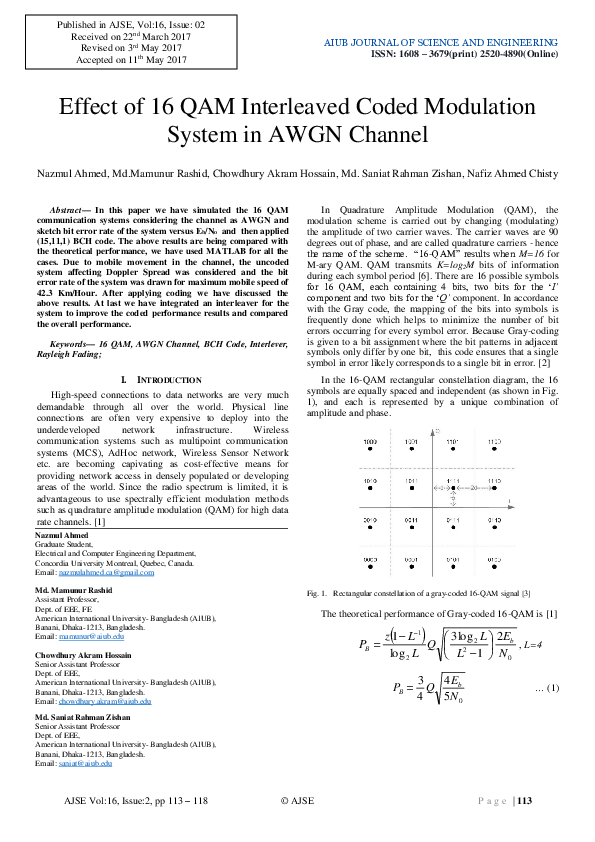 Pdf Effect Of 16 Qam Interleaved Coded Modulation System In Awgn