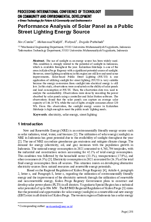 (PDF) Performance Analysis of Solar Panel as a Public Street Lighting Energy Source