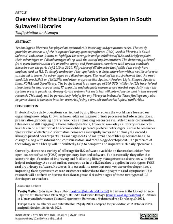 (PDF) Overview of the Library Automation System in South Sulawesi Libraries
