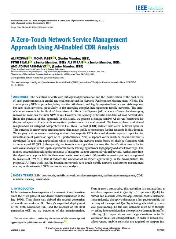 (PDF) A Zero-Touch Network Service Management Approach Using AI-Enabled CDR Analysis