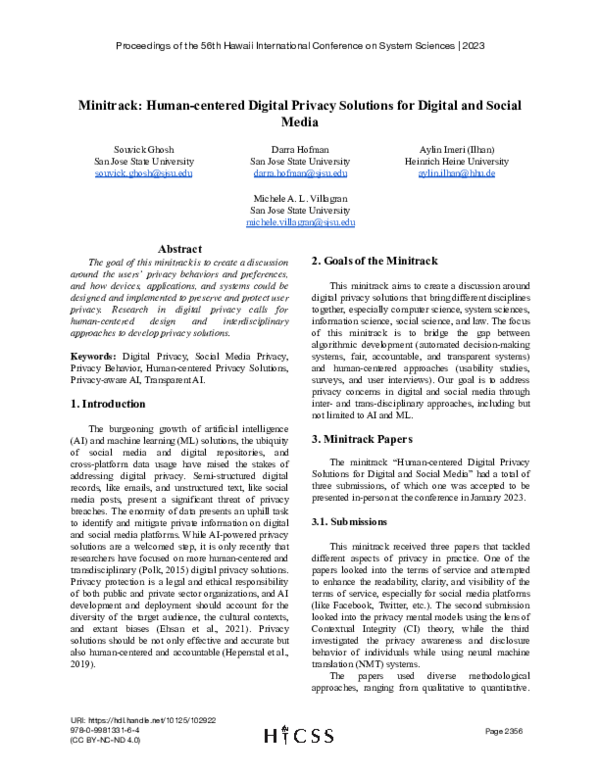 (PDF) Introduction to the Minitrack on Human-centered Digital Privacy Solutions for Digital and ...