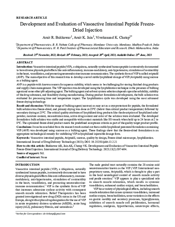 (PDF) Development and Evaluation of Vasoactive Intestinal Peptide ...