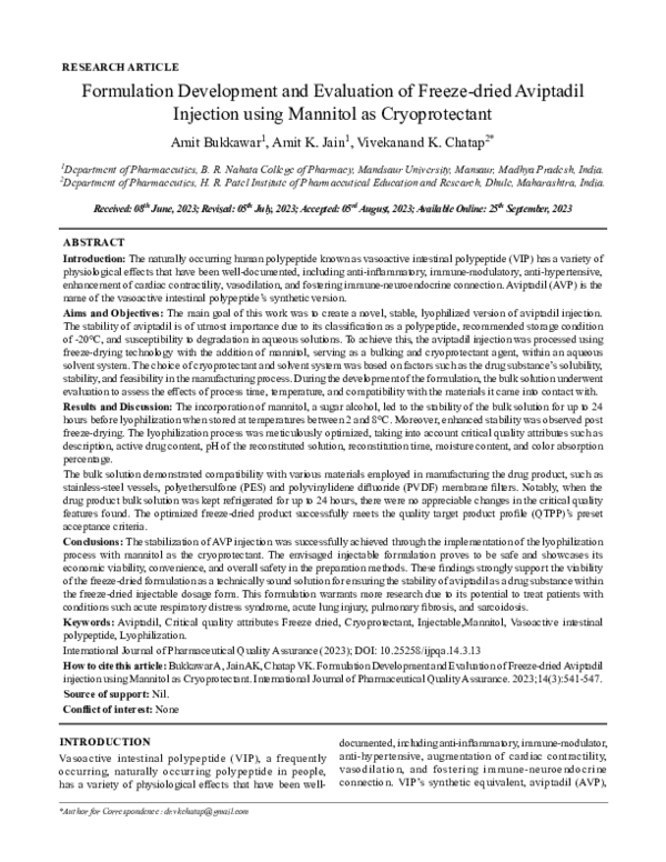 (PDF) Formulation Development and Evaluation of Freeze-dried Aviptadil ...