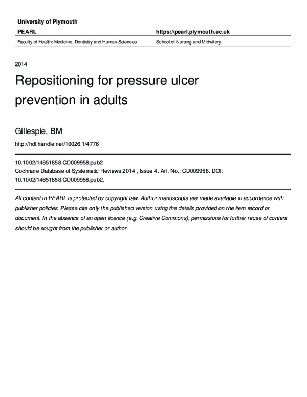 (PDF) Repositioning for pressure ulcer prevention in adults