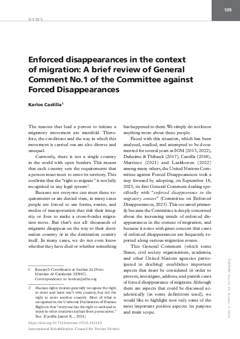 (PDF) Enforced disappearances in the context of migration: A brief ...