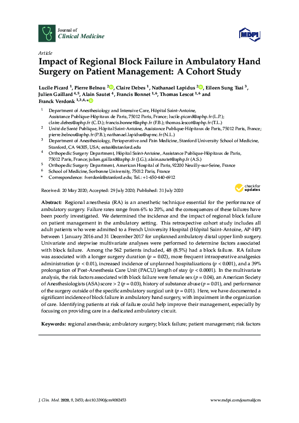 (PDF) Impact of Regional Block Failure in Ambulatory Hand Surgery on ...