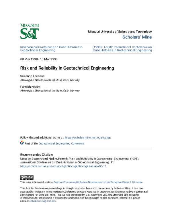 (PDF) Risk and reliability in geotechnical engineering