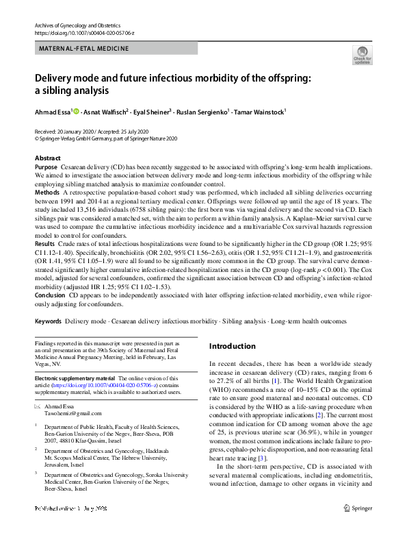(PDF) Delivery mode and future infectious morbidity of the offspring: a ...