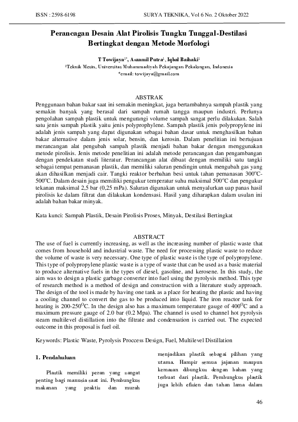 (PDF) Perancagan Desain Alat Pirolisis Tungku Tunggal-Destilasi ...