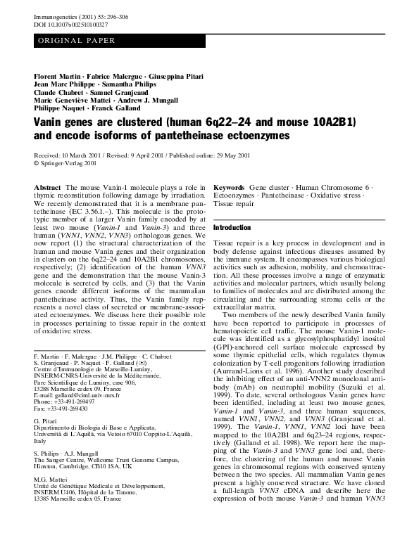 (PDF) Vanin genes are clustered (human 6q22-24 and mouse 10A2B1) and ...