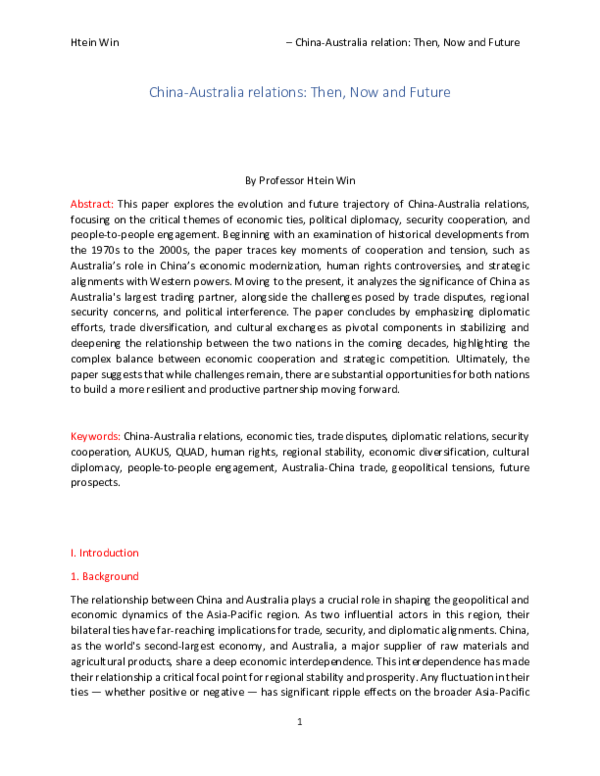 (PDF) Htein Win. No 69. China-Australia relations: Then, Now and Future