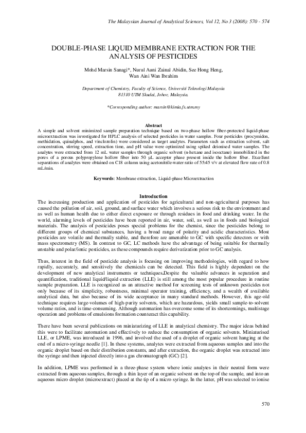 (PDF) Double-Phase Liquid Membrane Extraction for the Analysis of Pesticides