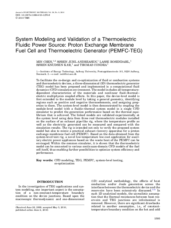 (PDF) System Modeling and Validation of a Thermoelectric Fluidic Power Source: Proton Exchange ...