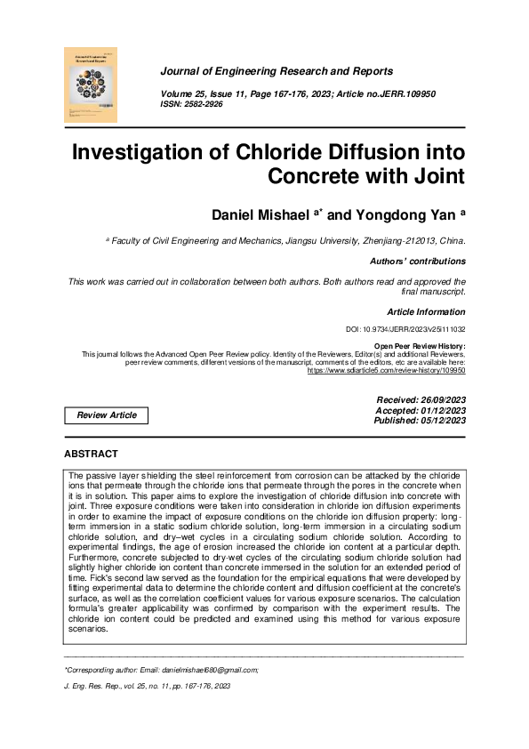(PDF) Investigation of Chloride Diffusion into Concrete with Joint