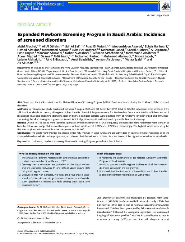 (PDF) Expanded Newborn Screening Program in Saudi Arabia: Incidence of screened disorders