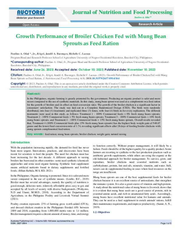 (PDF) Growth Performance of Broiler Chicken Fed with Mung Bean Sprouts as Feed Ration