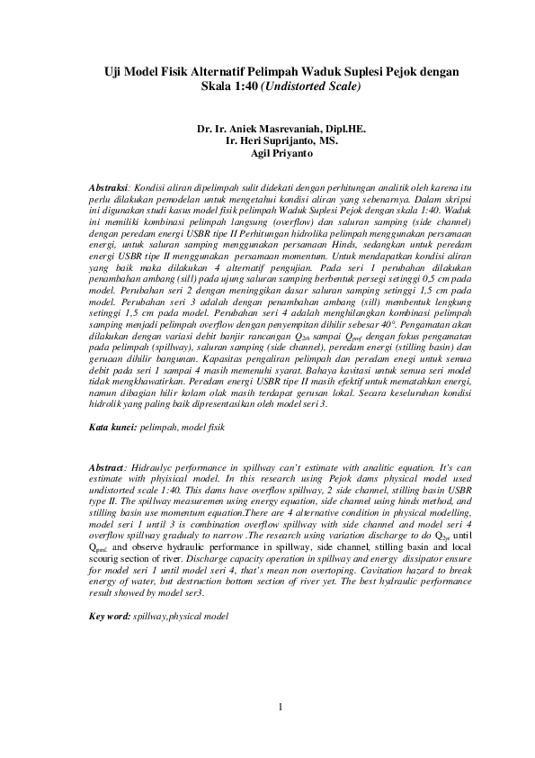 (PDF) Uji Model Fisik Alternatif Pelimpah Waduk Suplesi Pejok dengan ...