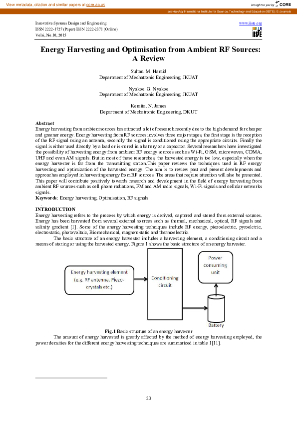 (PDF) Energy Harvesting and Optimisation from Ambient RF Sources: A Review