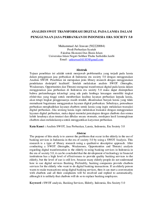 (PDF) ANALISIS SWOT TRANSFORMASI DIGITAL PADA LANSIA DALAM PENGGUNAAN JASA PERBANKAN DI ...