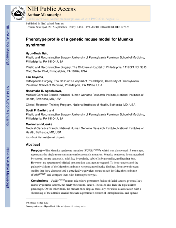 (PDF) Phenotype profile of a genetic mouse model for Muenke syndrome
