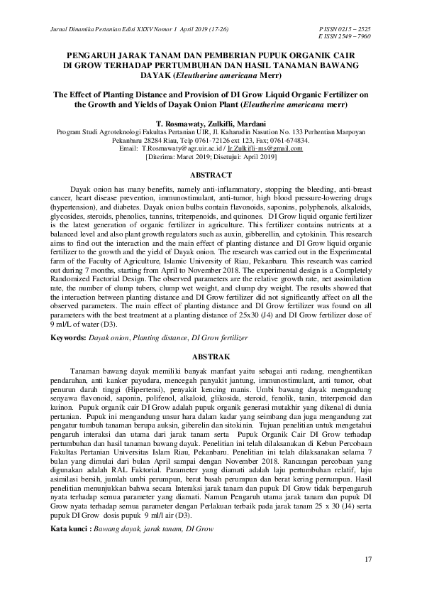 (PDF) PENGARUH JARAK TANAM DAN PEMBERIAN PUPUK ORGANIK CAIR DI GROW TERHADAP PERTUMBUHAN DAN ...