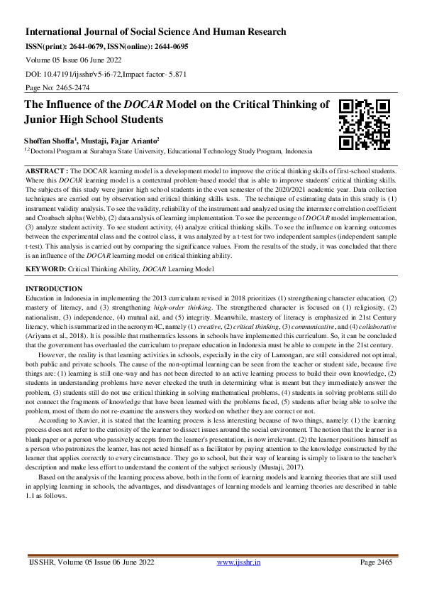 (PDF) The Influence of the DOCAR Model on the Critical Thinking of ...