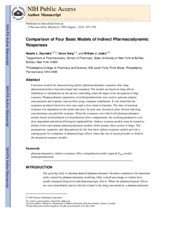 (PDF) Comparison of four basic models of indirect pharmacodynamic responses