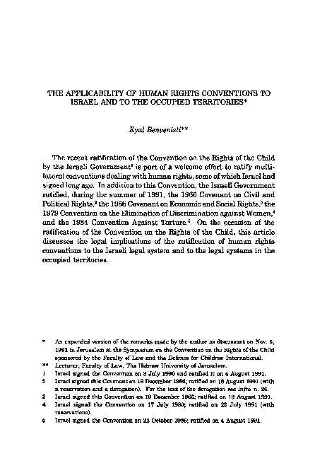 (PDF) The Applicability of Human Rights Conventions to Israel and to ...