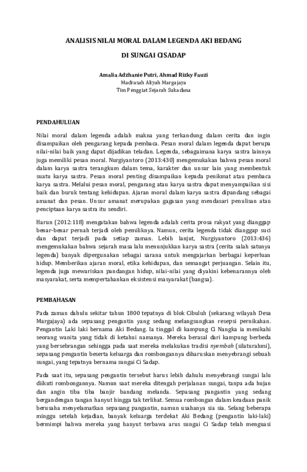 (PDF) ANALISIS NILAI MORAL DALAM LEGENDA AKI BEDANG DI SUNGAI CISADAP ...
