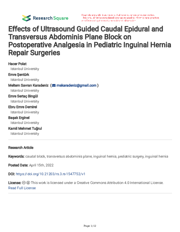 (PDF) Effects of ultrasound guided caudal epidural and transversus abdominis plane block on ...