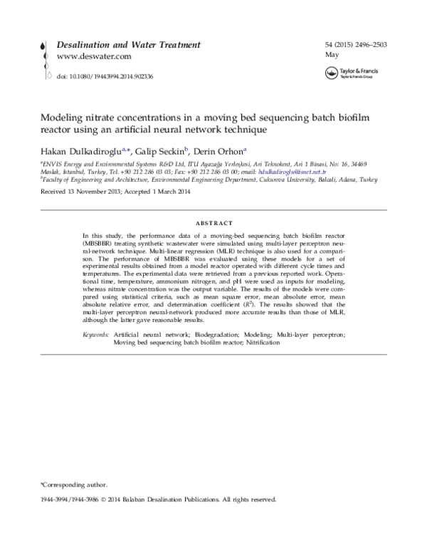 (PDF) Modeling nitrate concentrations in a moving bed sequencing batch biofilm reactor using an ...