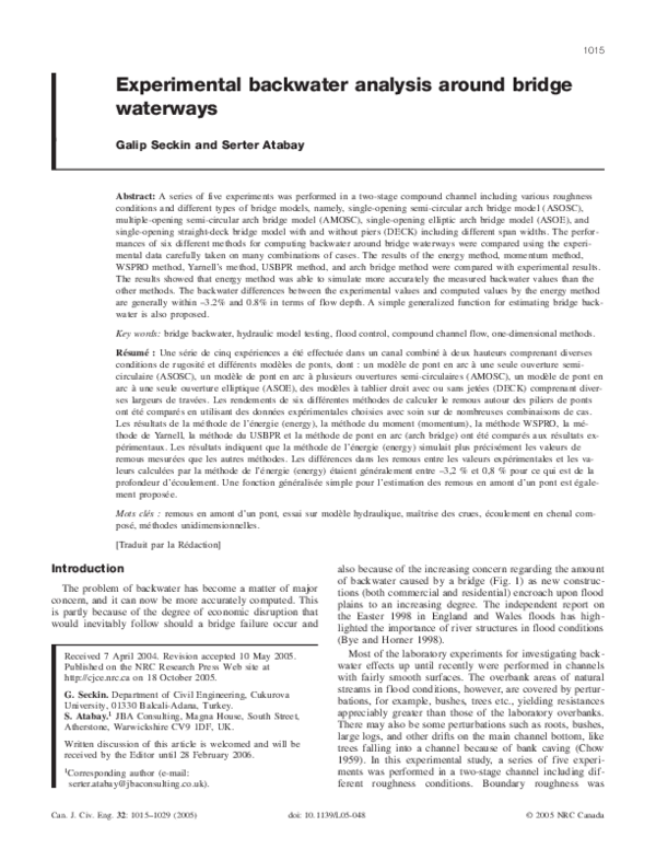 (PDF) Experimental backwater analysis around bridge waterways