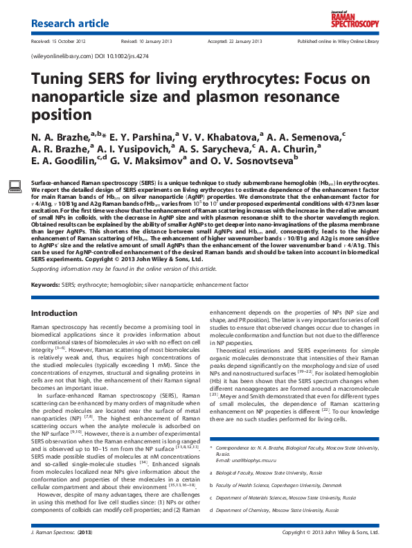 (PDF) Tuning SERS for living erythrocytes: Focus on nanoparticle size ...