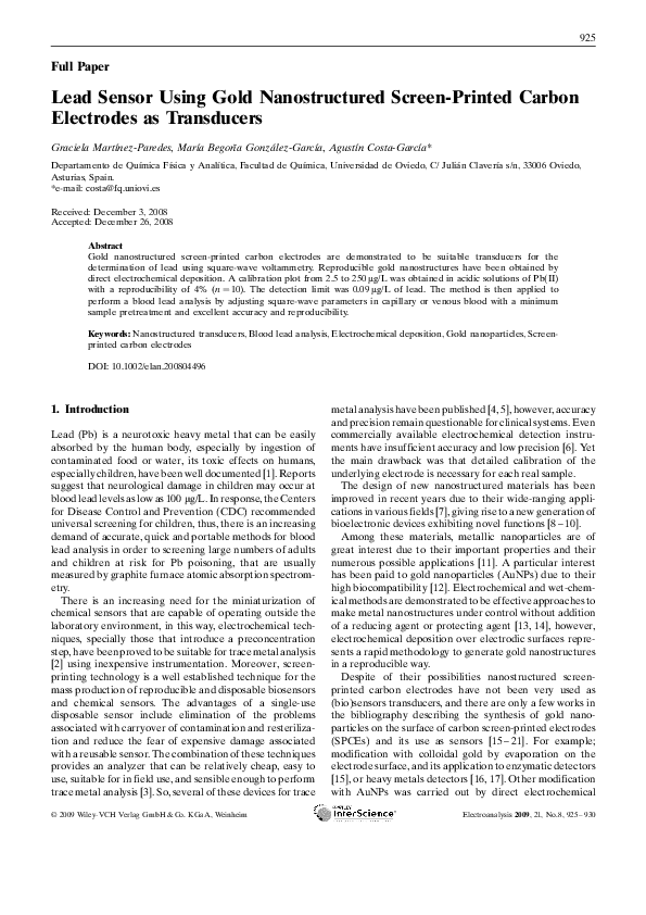 (PDF) Lead Sensor Using Gold Nanostructured Screen‐Printed Carbon ...