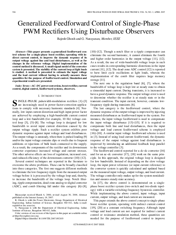 (PDF) Generalized Feedforward Control of Single-Phase PWM Rectifiers Using Disturbance Observers