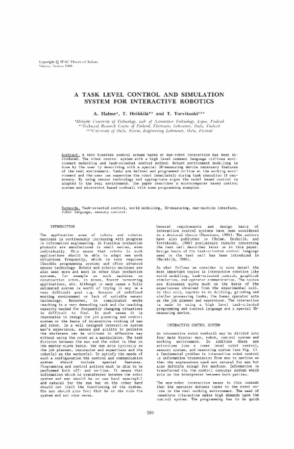 (PDF) A Task Level Control and Simulation System for Interactive Robotics