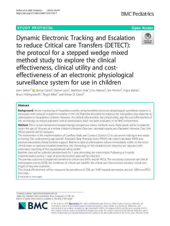 (PDF) Dynamic Electronic Tracking and Escalation to reduce Critical care Transfers (DETECT): the ...