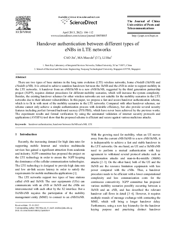 (PDF) Handover authentication between different types of eNBs in LTE networks