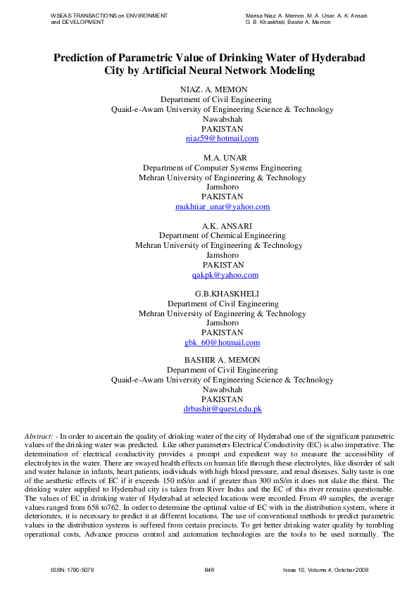 (PDF) Prediction of Parametric Value of Drinking Water of Hyderabad City by Artificial Neural ...