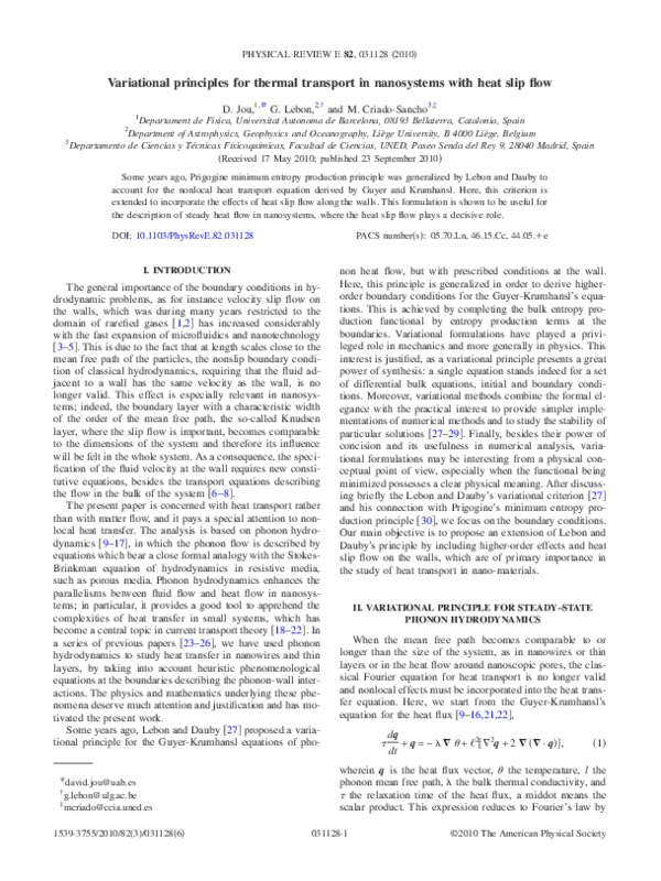 (PDF) Variational principles for thermal transport in nanosystems with heat slip flow