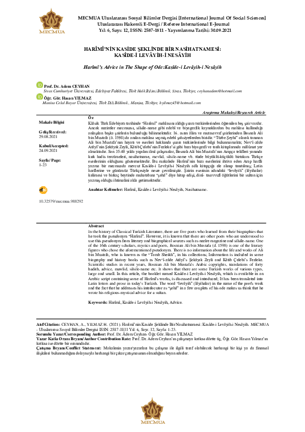 (PDF) Harîmî’nin Kaside Şeklinde Bir Nasihatnamesi: Kasîde-i Levâyih-i ...