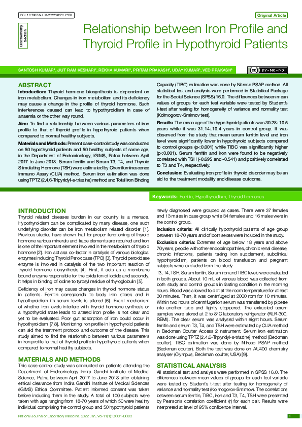 (PDF) Iron and Thyroid Profile Correlation in Hypothyroid Patients (PDF) Iron and Thyroid Profile Correlation in Hypothyroid Patients
